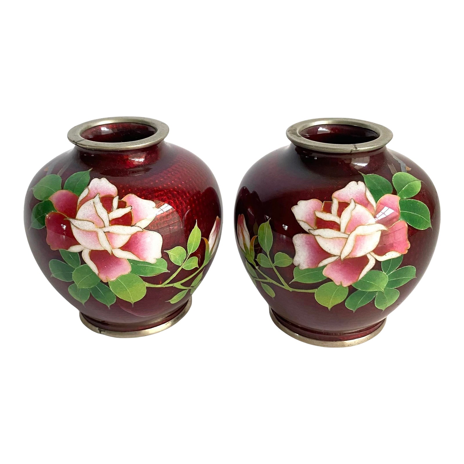 Vintage Japanese Akasuke Ginbari Cloissone Petite Vases Pigeon Blood ...