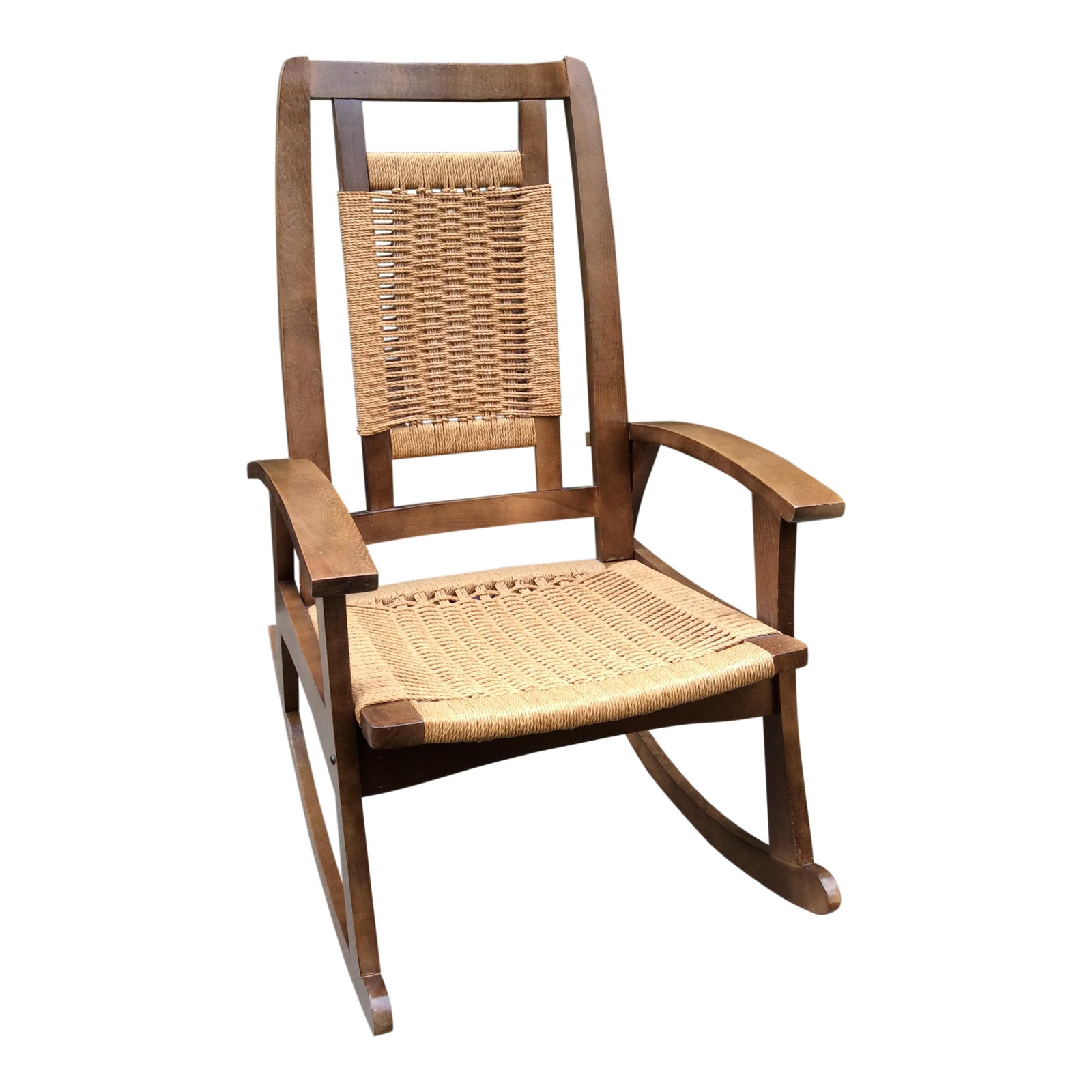 Hans Wegner Style Mid-Century Modern Woven Rope Rocking Chair | Chairish