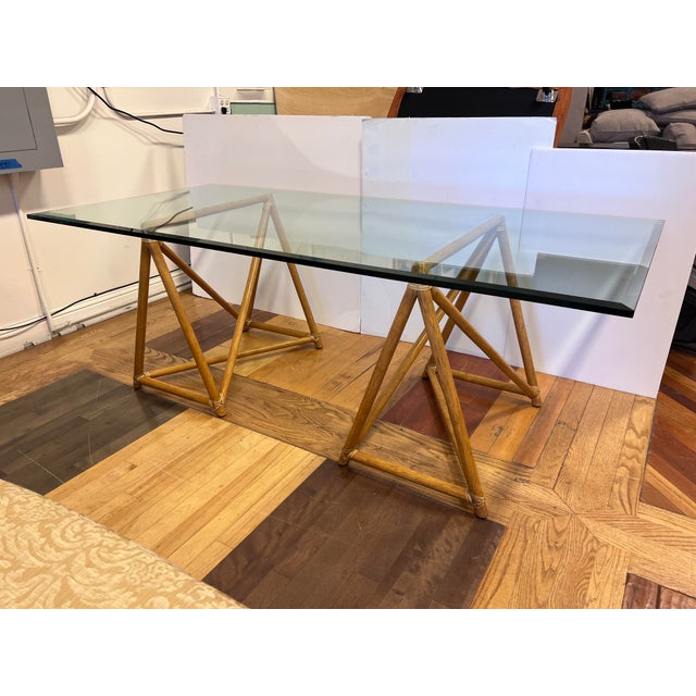 1990's Palecek Bamboo + Leather Wrapped Glass Dining Room Table | Chairish