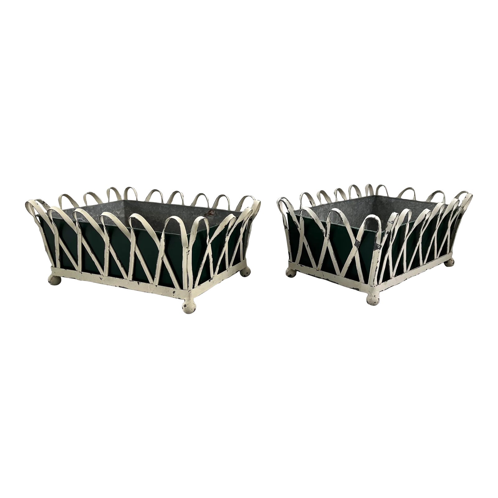 1930's White Painted Zinc Cachepot Planters or Jardinieres With Green ...