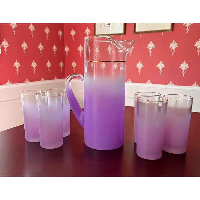 Mid-Century Modern Purple Frosted Glass Pitcher Set by Blendo- 7 Pieces ...
