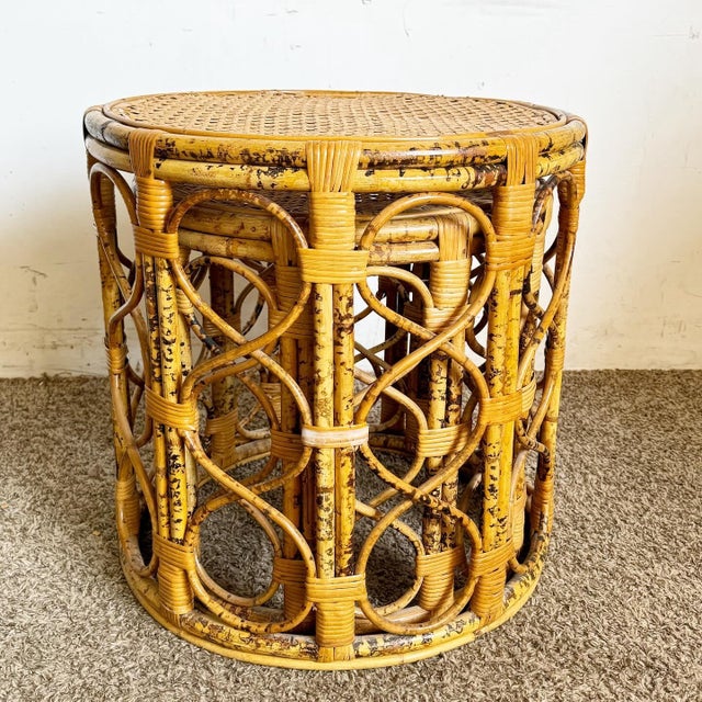 Boho Chic Tortoise Shell Finish Bamboo Cane Top Nesting Drum Tables - a ...