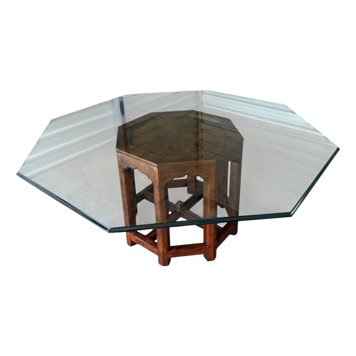 Octagon Glass Dining Table on Gothic Wood Base | Chairish