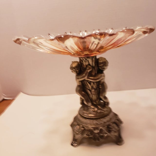 Antique Art Deco Cherub Metal & Pink Glass Compote | Chairish
