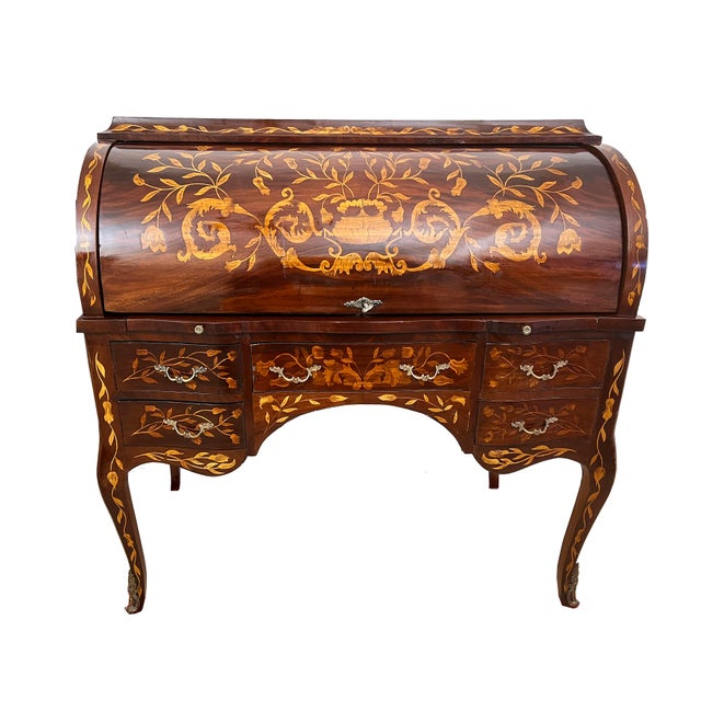 Late 19th Century Dutch Rococo Style Marquetry Cylinder Desk | Chairish