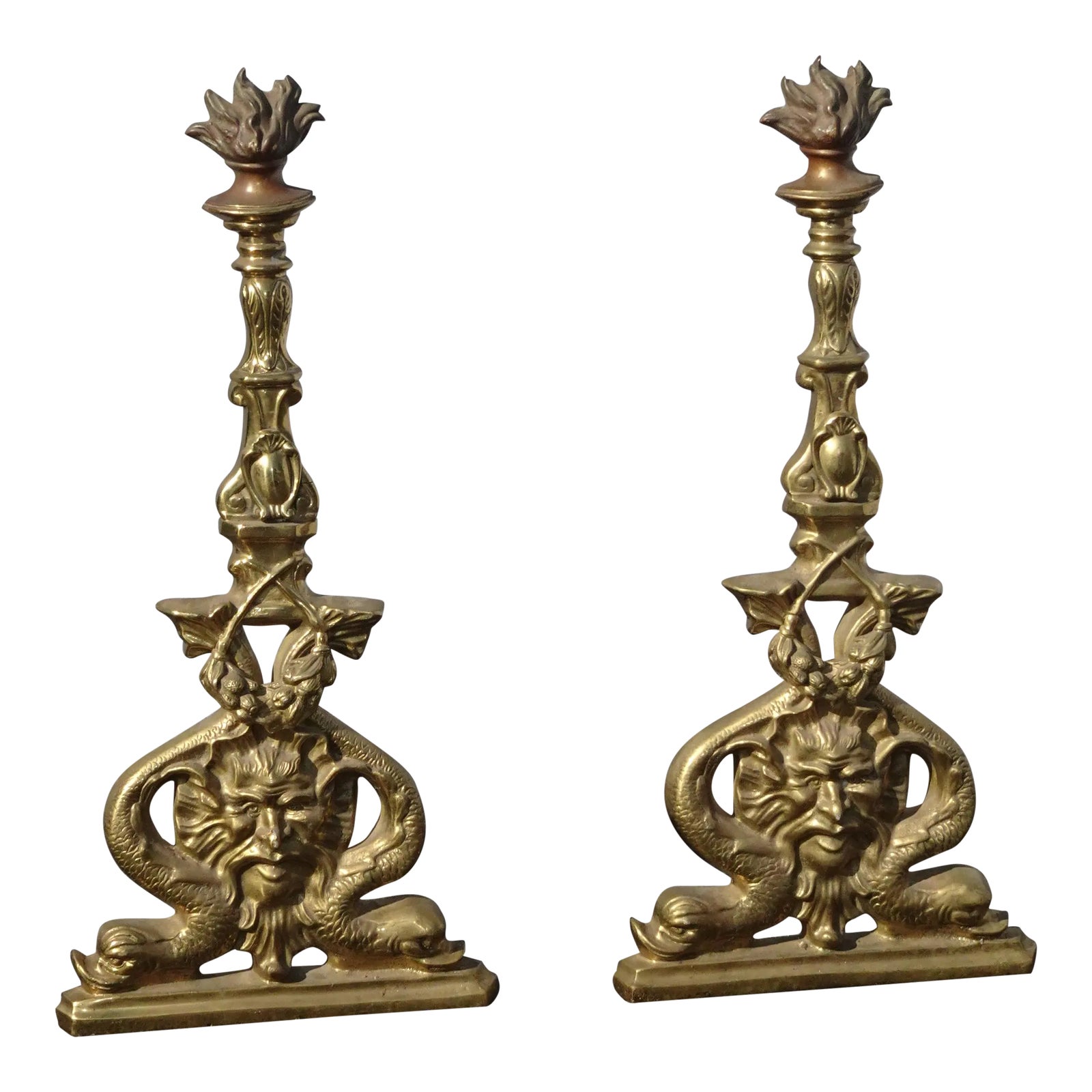 Vintage 19th Century Lions Koi Fish W Torch Flame Brass Fireplace ...