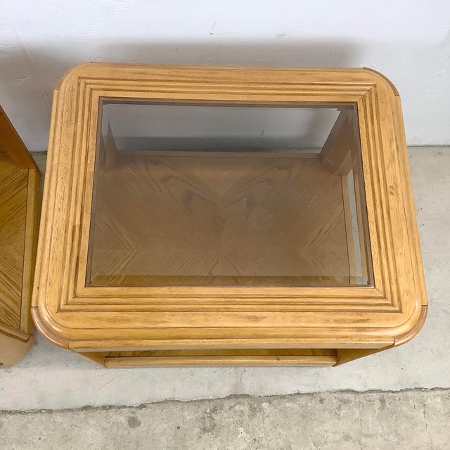 Retro Oak End Tables With Glass Tops- Pair | Chairish
