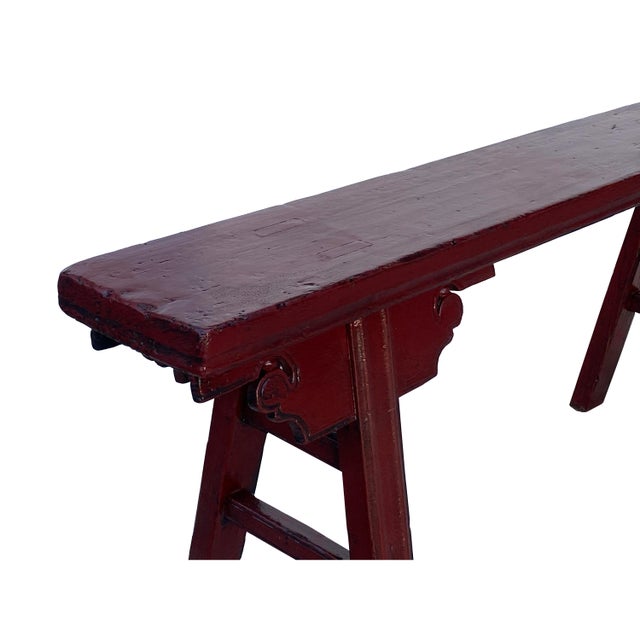 Vintage Brick Red Rural Village Rustic Slim Wood Seating Bench | Chairish