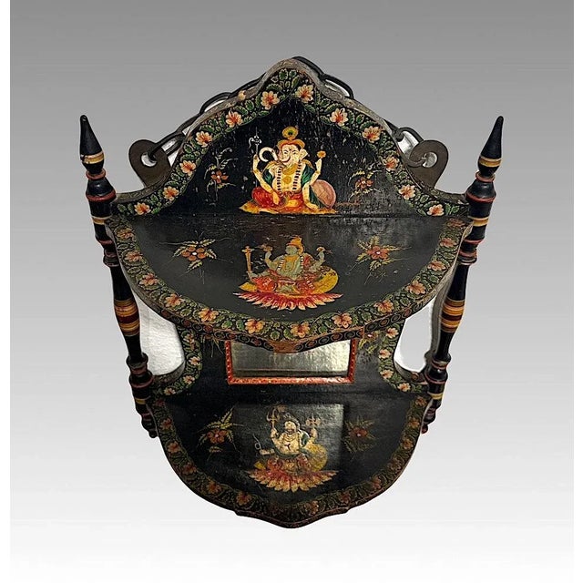 Anglo Indian Hand Painted Black Wall Shelf With Mirror & Indian Gods ...