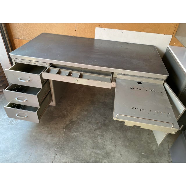 1960s Vintage Metal Tanker Desk With Typewriter Shelf | Chairish