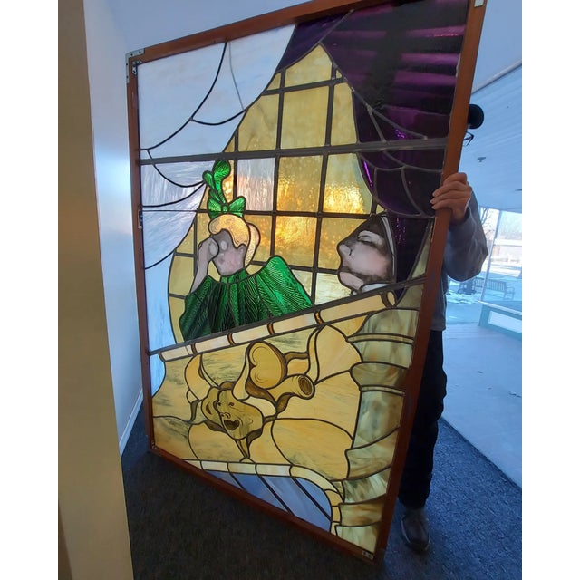Signed and Dated 1987 Boston Tall Stained Glass Window Depicting Moulin ...