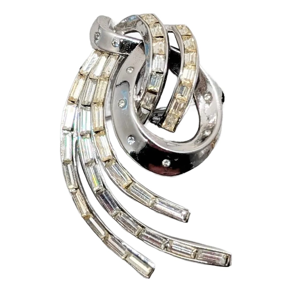 Vintage Signed Crown Trifari "Comet" Rhodium Plated Rhinestone Brooch ...