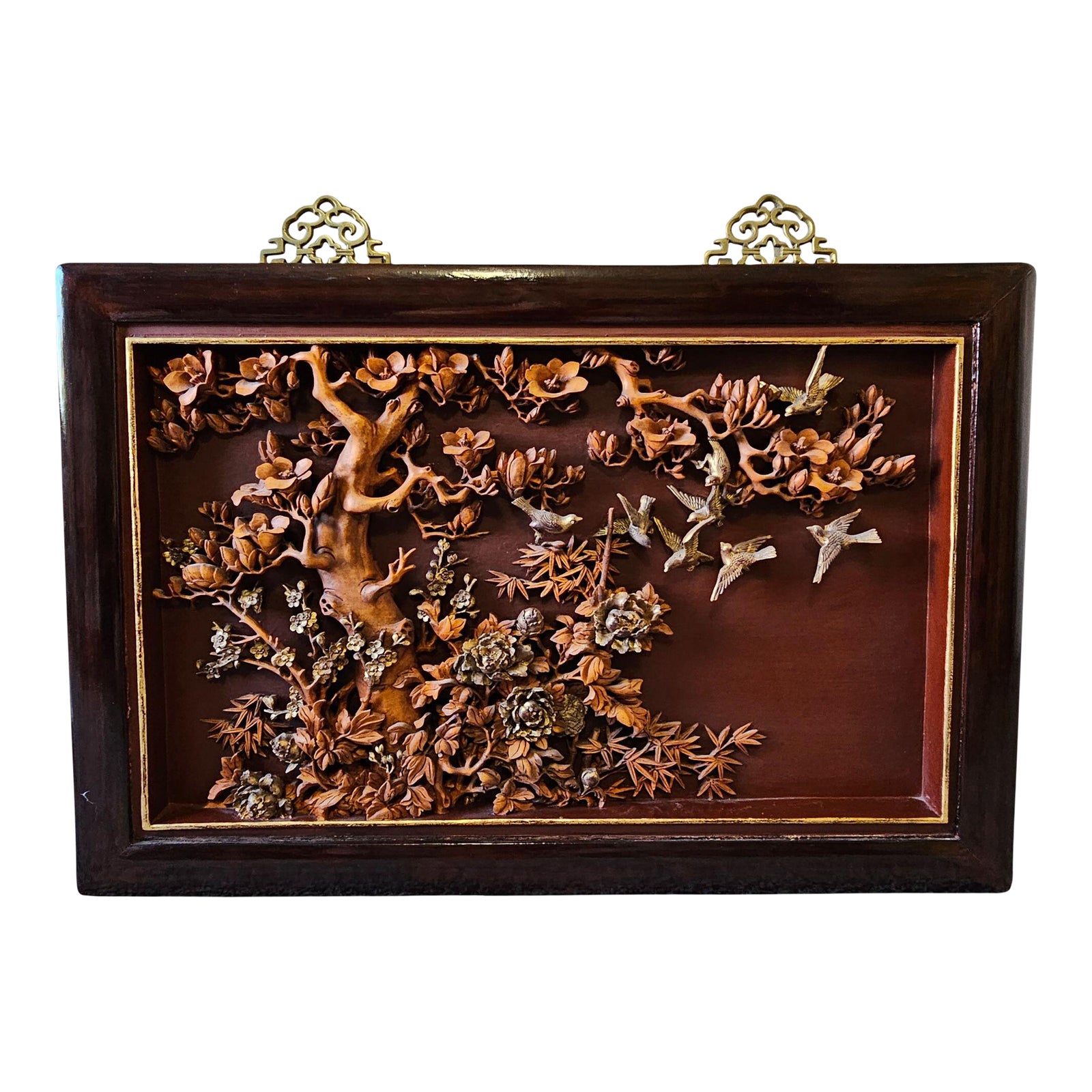 Antique Chinese Japanese Relief Carved Wood Lacquer Panel Birds Prunus ...