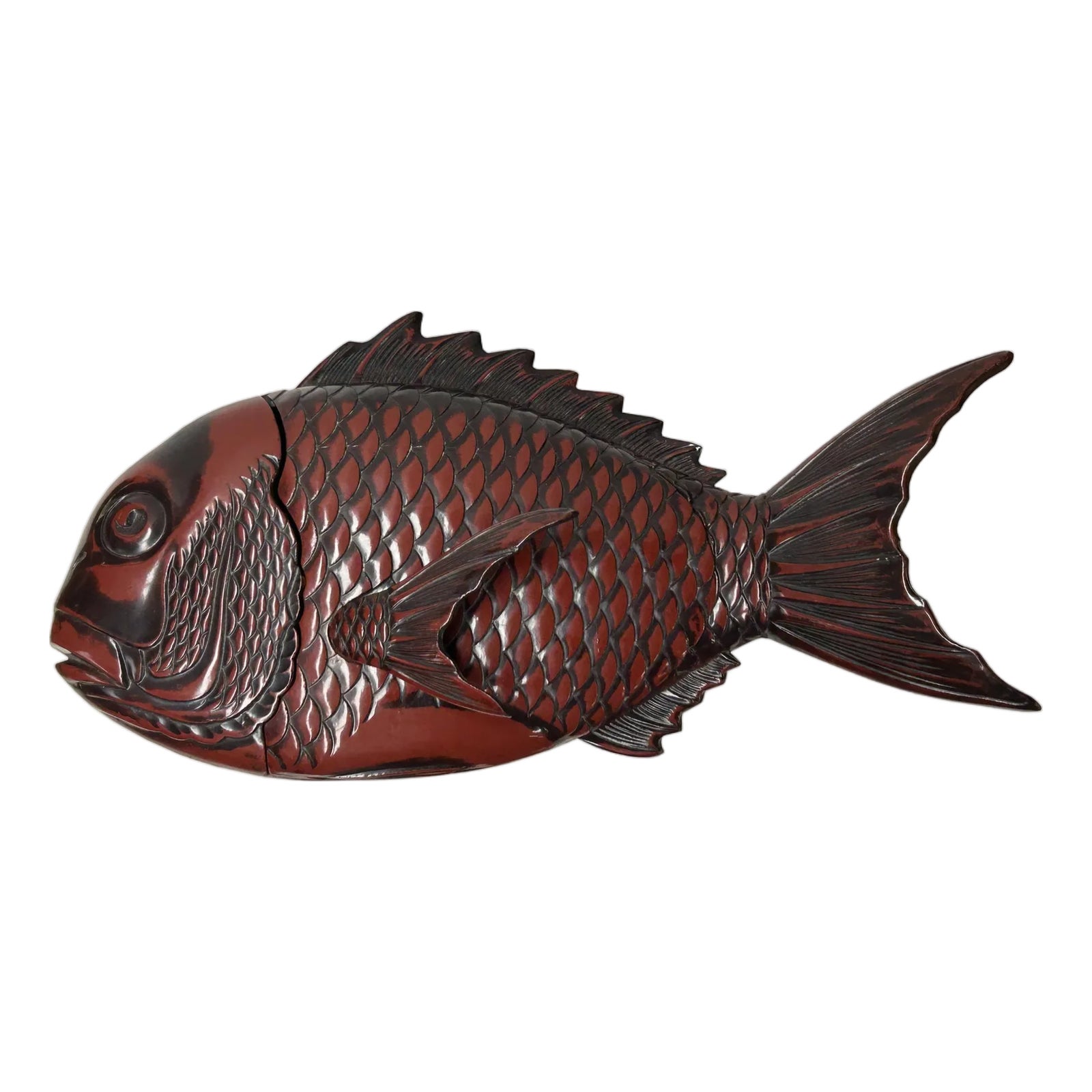 Vintage Asian Black Red Lacquer Fish Shape Storage Accent Box | Chairish