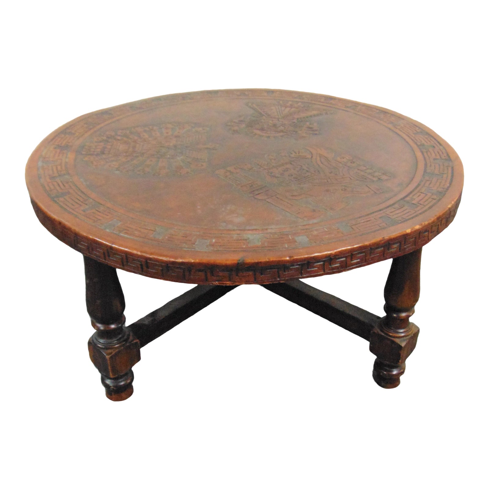 Mid Century Aztec Design Leather Embossed Coffee Table | Chairish