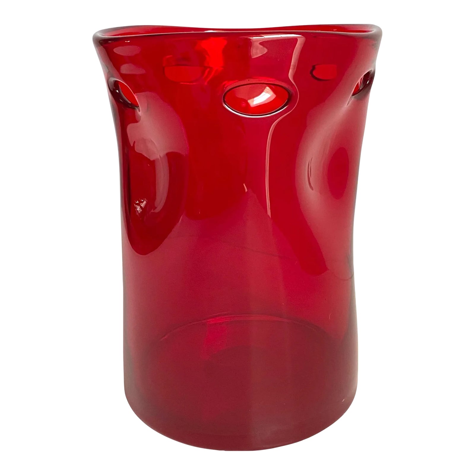 Red Pinched Dimple Art Glass Vase in the Manner of Blenko Mid Century ...