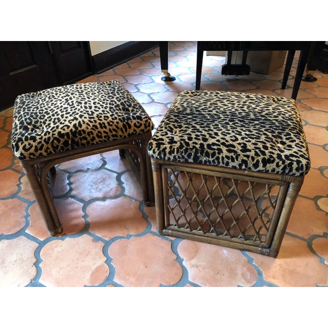 Newly Upholstery Leopard Rattan Ottomans/ Stools - a Pair | Chairish