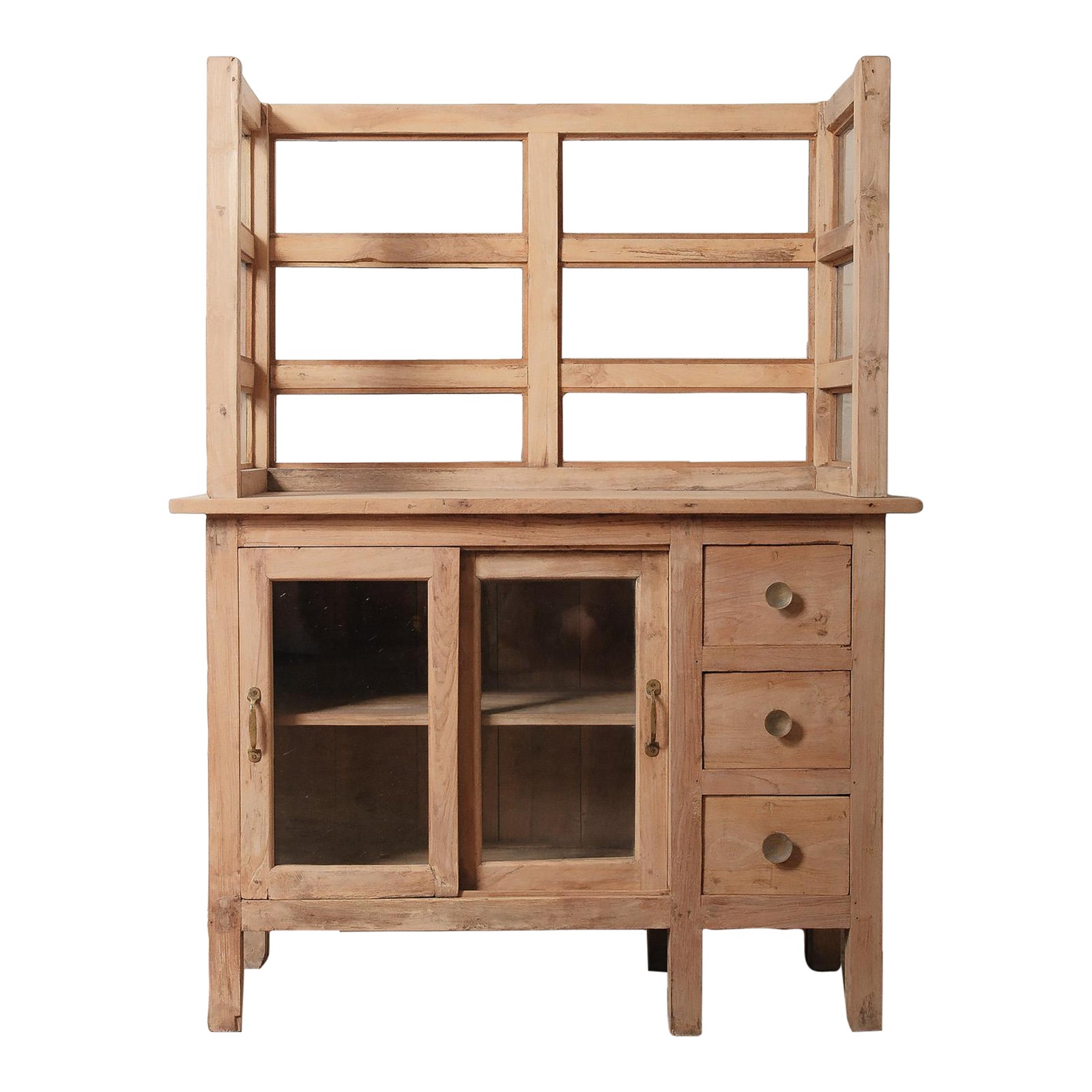 Vintage Natural Wood Glass Counter Cabinet Display & Storage Hutch ...