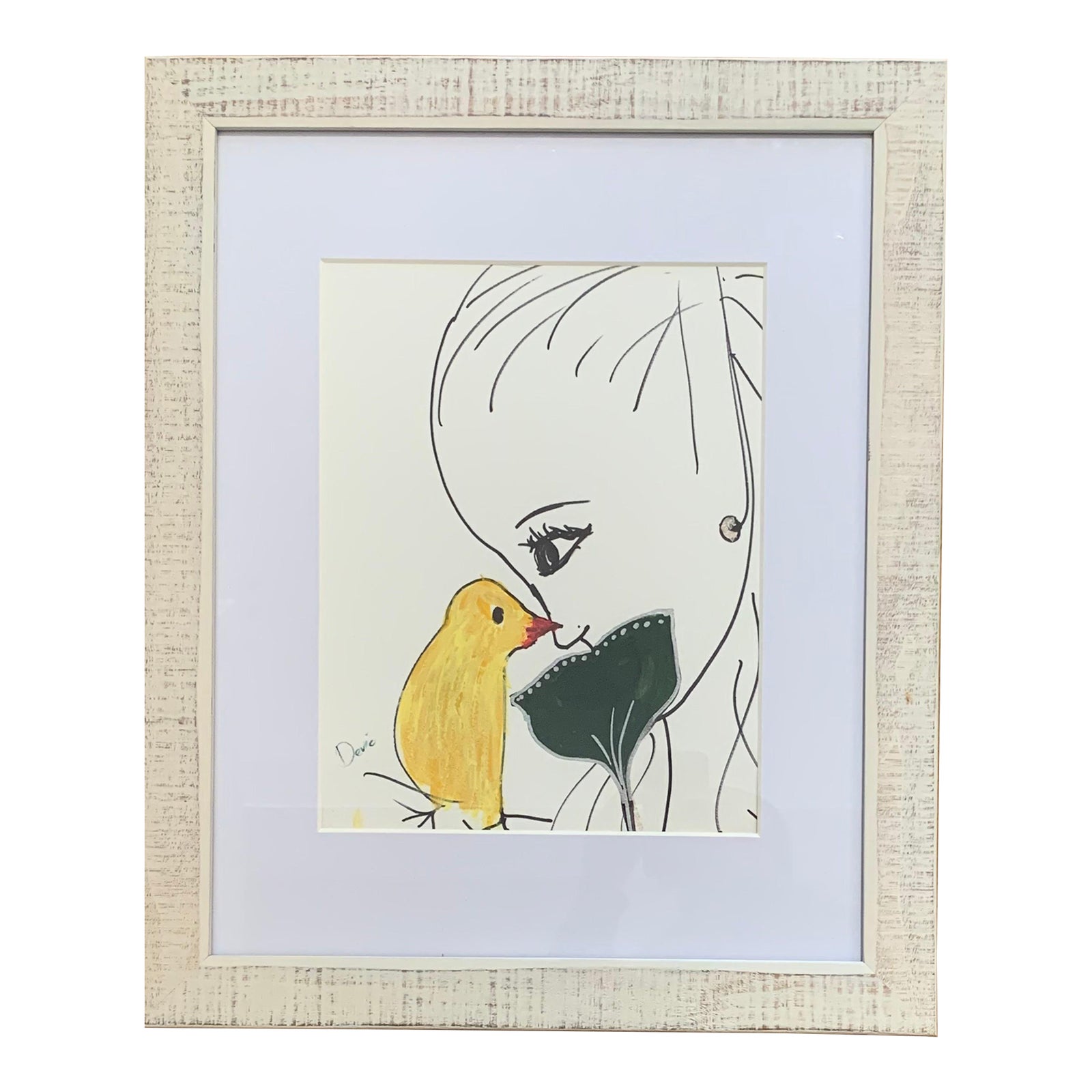 'Yellow Bird Black Mask' Ink & Acrylic on Paper Framed Drawing by Devie ...