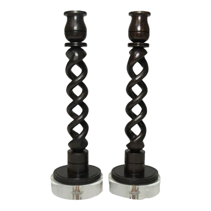 Pair of Ebony Open Barley Twist Candlesticks | Chairish