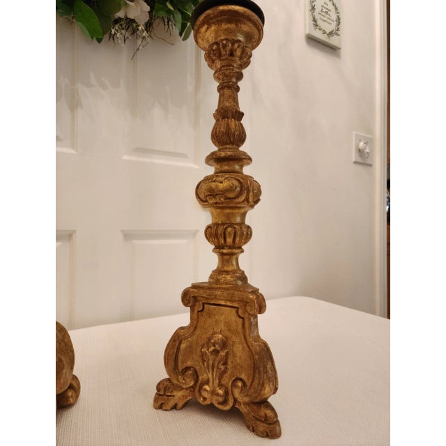 Early 20th Century Carved Wood Candle Prickets - a Pair | Chairish