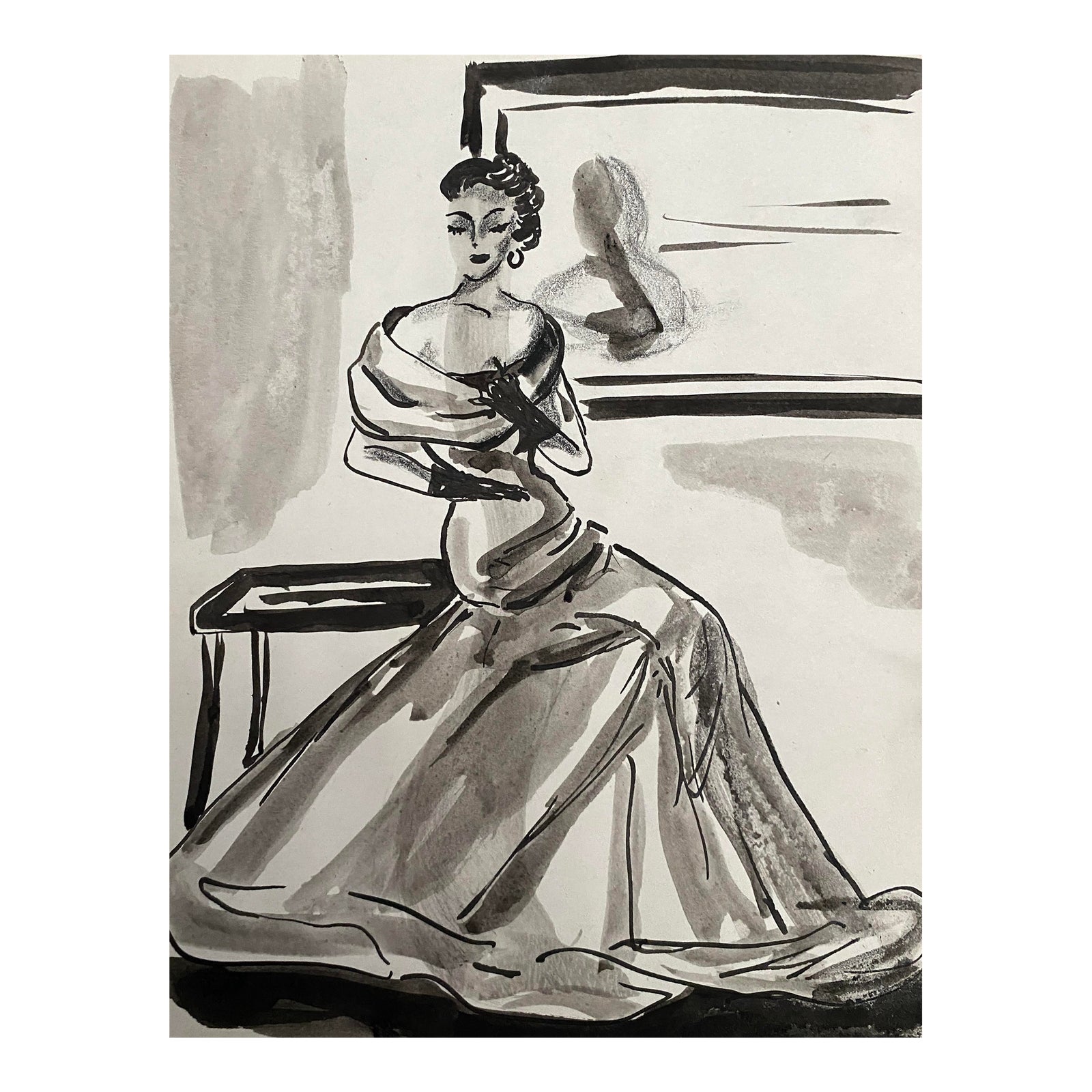 1950s Virginia Spencer Mid Century Lady in Gown Painting | Chairish