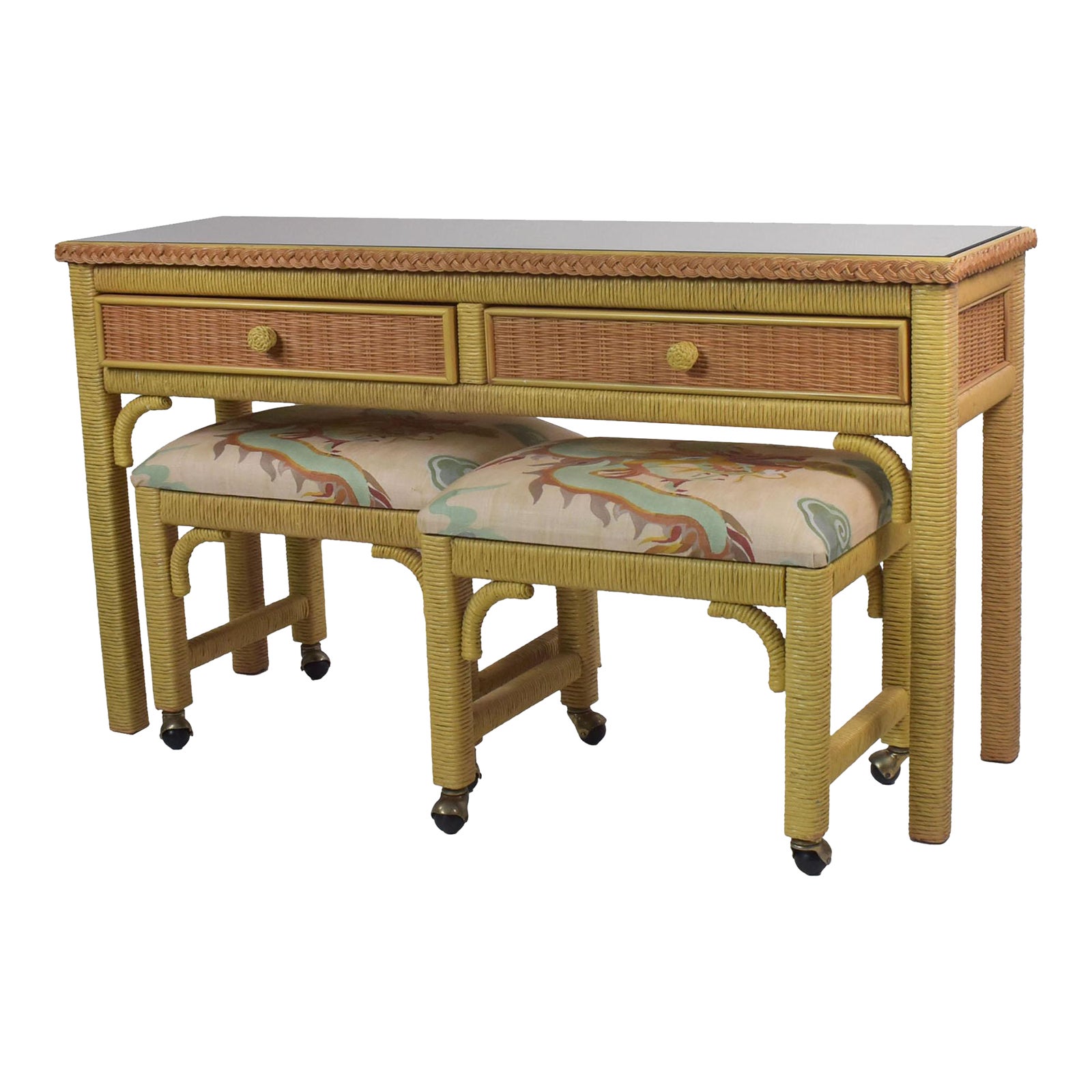 1970s Henry Link Console With Upholstered Stools - Set of 3 | Chairish