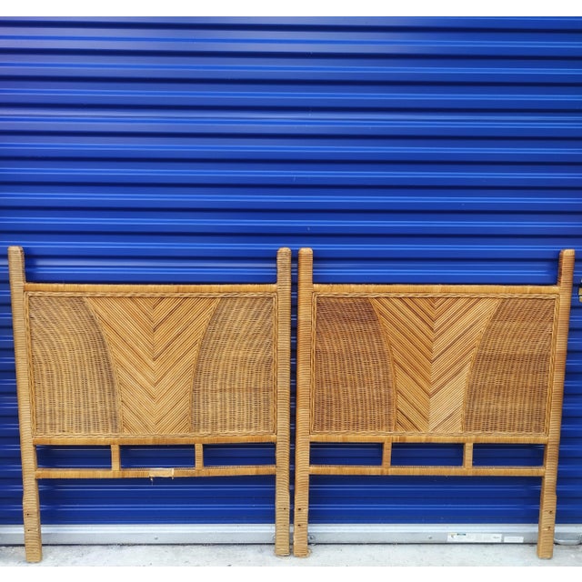 1970s Vintage Mid Century Modern Rattan Wicker Chevron Pencil Reed Twin ...