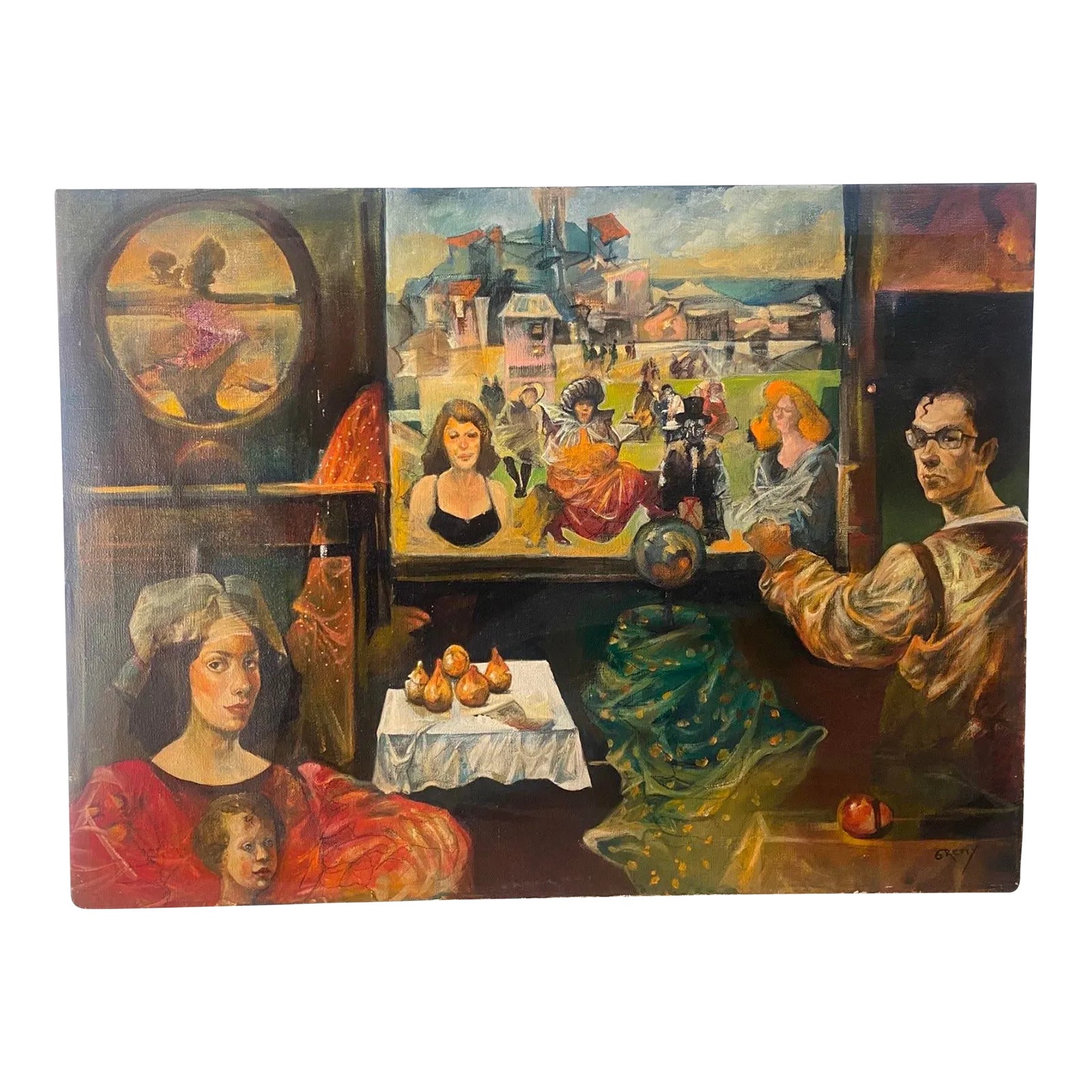 Vintage Acrylic on Canvas Multi Faceted Renaissance Style Painting ...