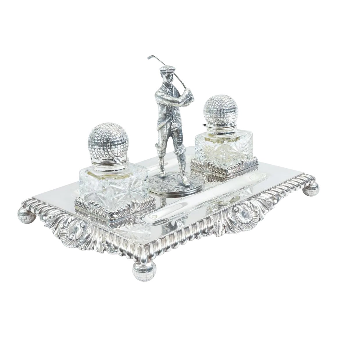 English Sheffield Silver Plated Golfer Footed Desk Inkwells With Stand ...