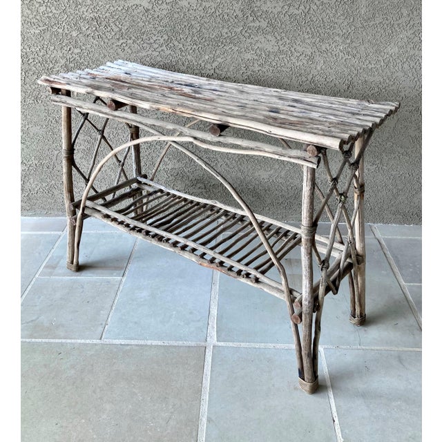 Mid 20th-Century Rustic Branch & Twig Adirondack-Style Console Table With Gallery Shelf | Chairish