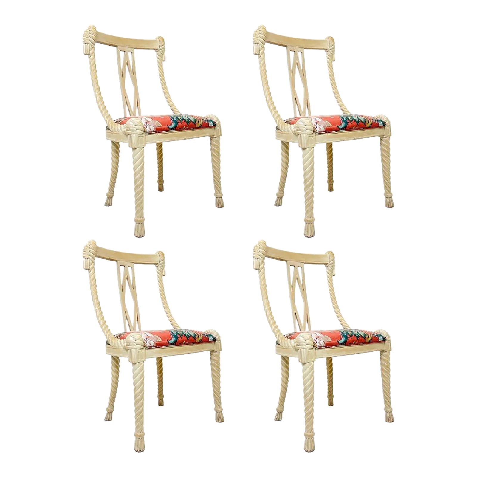 1980s Set of 4 Carved Wood Rope & Tassel Dining Chairs | Chairish
