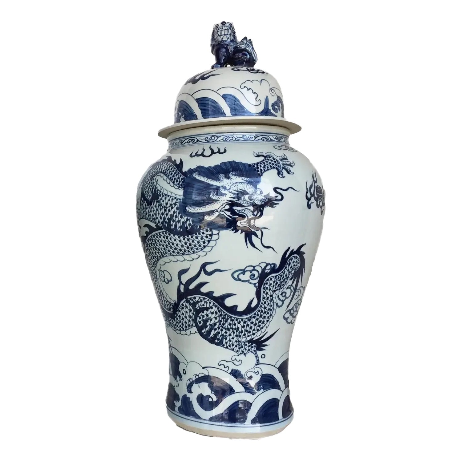 Vintage Lg Chinoiserie Blue & White Porcelain Ginger Jar Dragon ...