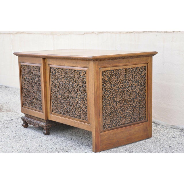 Vintage Chinese Carved Mahogany Pedestal Desk Flowers Birds and Leafy ...