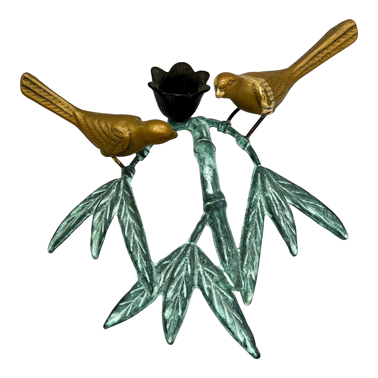 Vintage Verdigris Brass Birds on Bamboo Figurine and Flower Frog by ...