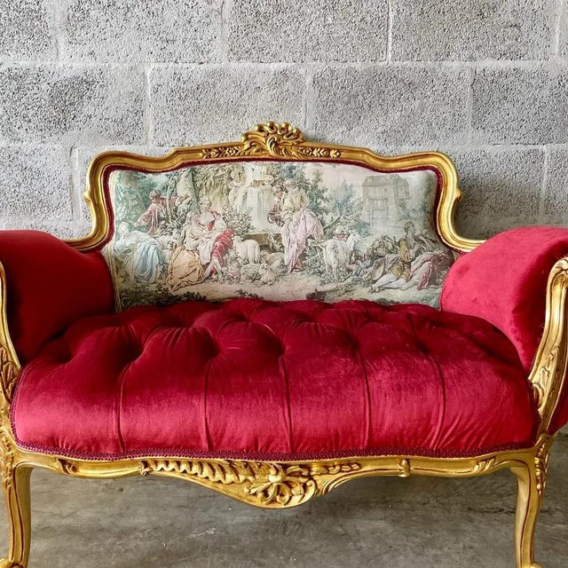 French Rococo Style Red Settee with Gold Leaf | Chairish