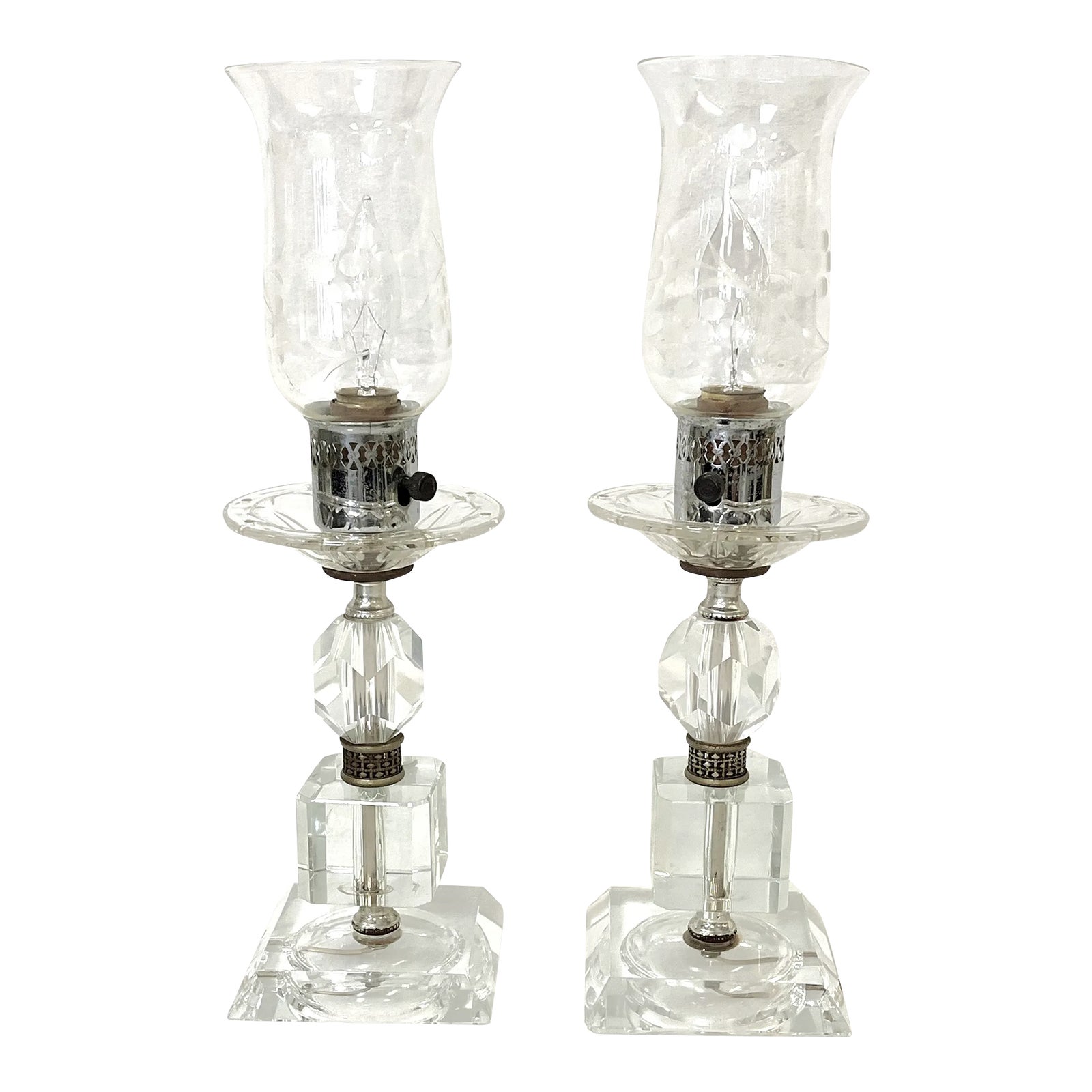 1930's Etched Glass and Lucite Boudoir Vanity Lamps- a Pair | Chairish