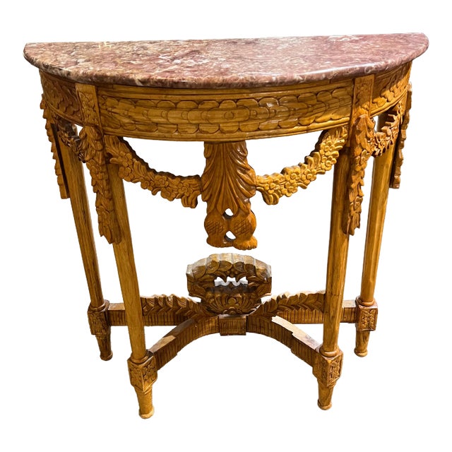 Pink Marble Top Half Moon Light Wood Ornate Table | Chairish