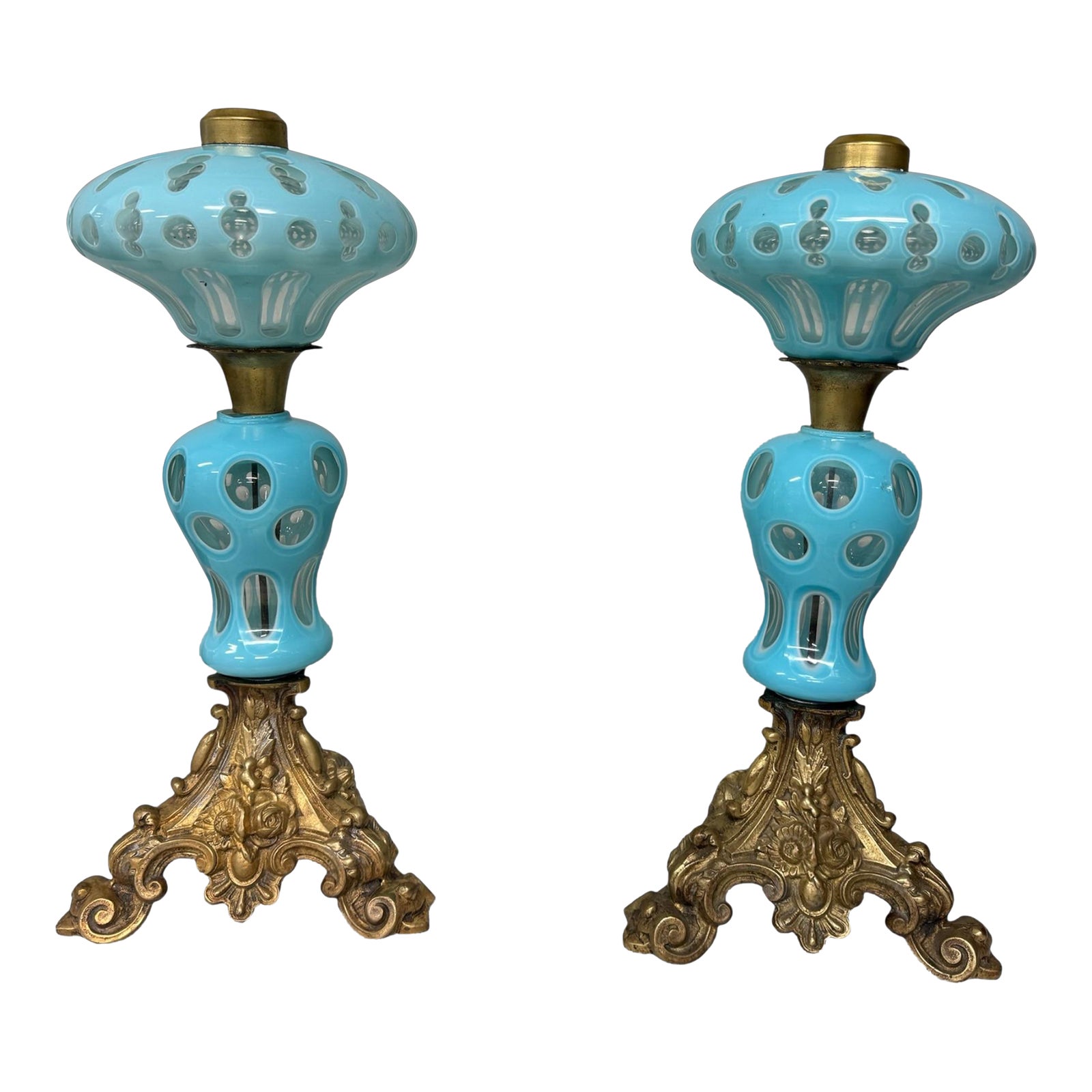 Pair of Antique Cutback Cased Glass Table Oil Lamps With Ornate Gilt ...