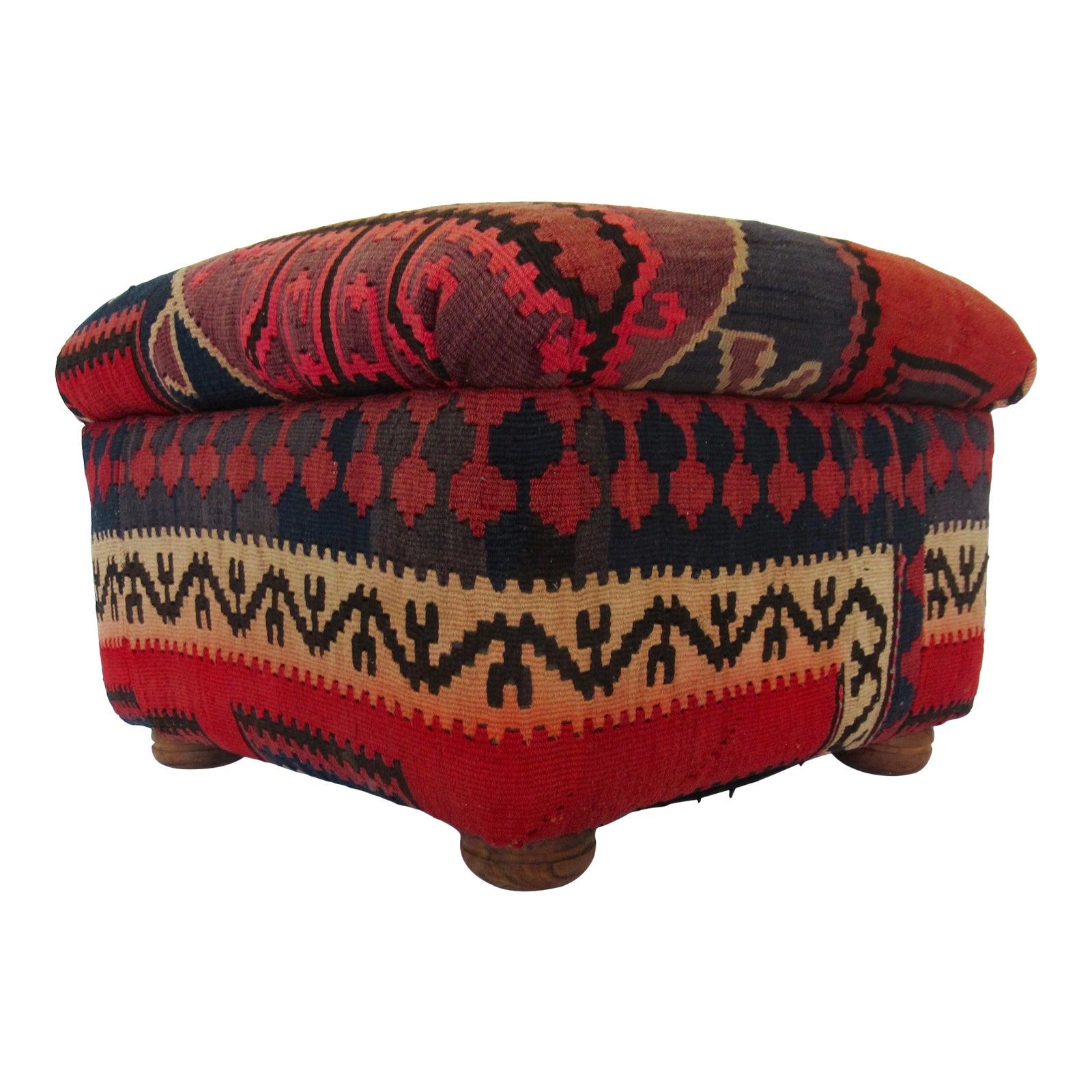 Vintage Turkish Kilim Footed Ottoman With Round Wood Turned Feet Made ...