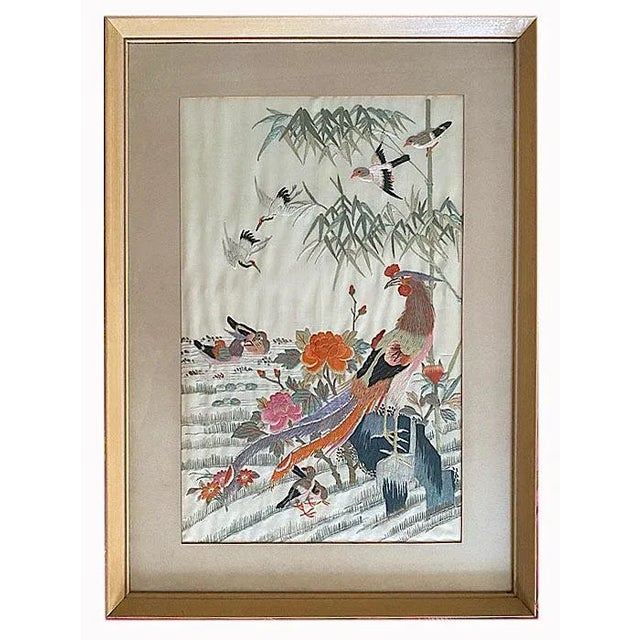 Vintage Silk Embroidered Wall Hangings With Exotic Bird and Flora Motif ...