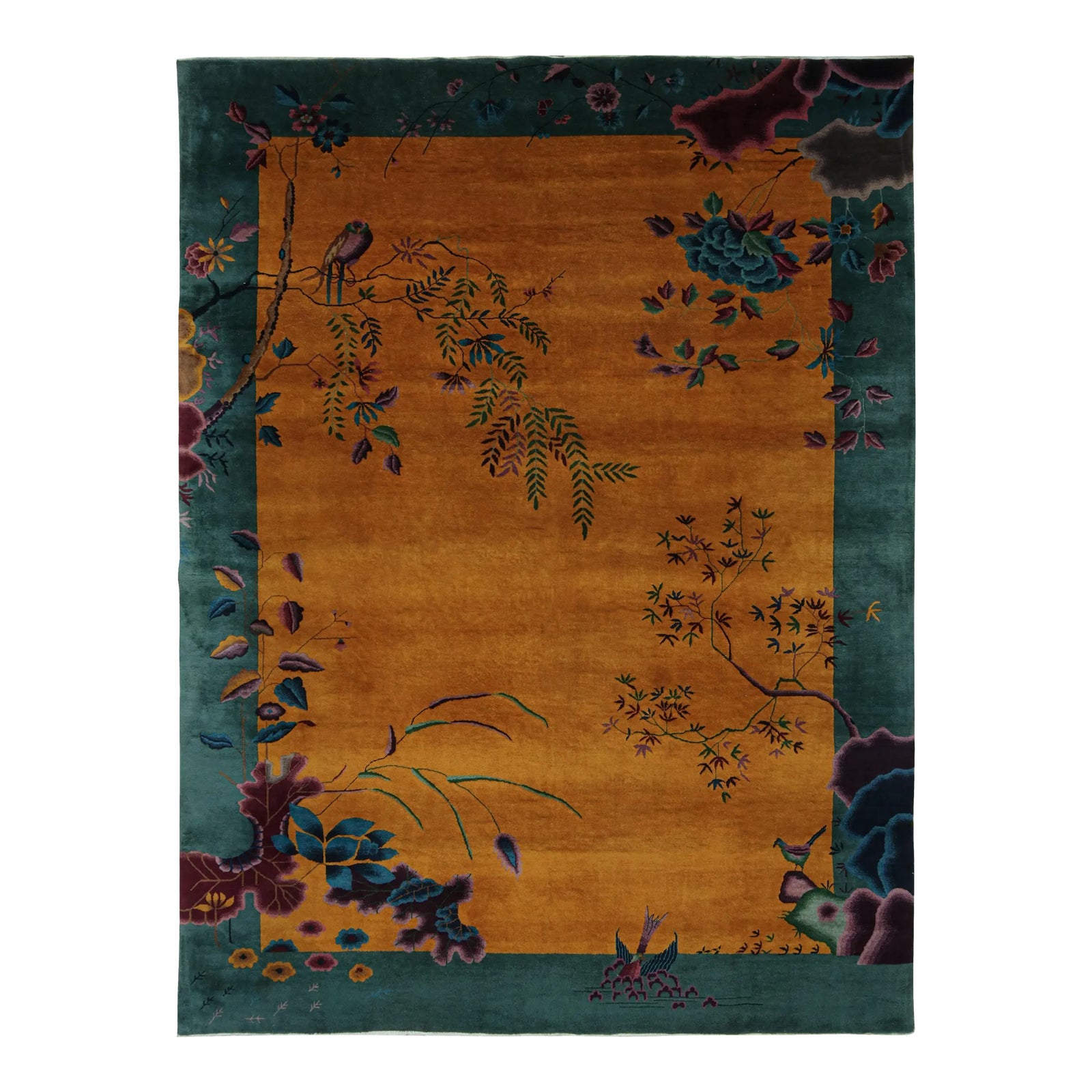 Antique Chinese Art Deco Rug in Gold and Teal With Floral Patterns by ...