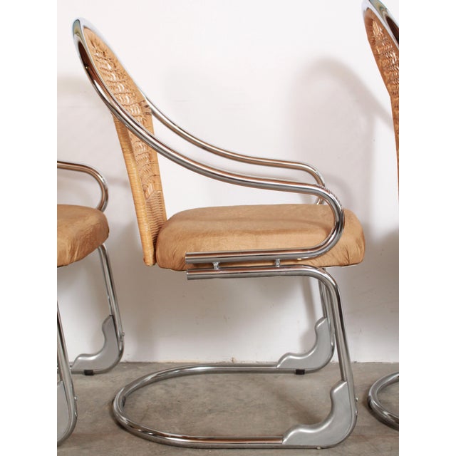 Mid Century Modern Italian Chrome And Woven Rattan Wicker Dining Chairs