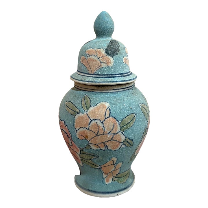 Asian Style Saltware Pottery Blue Floral Urn | Chairish