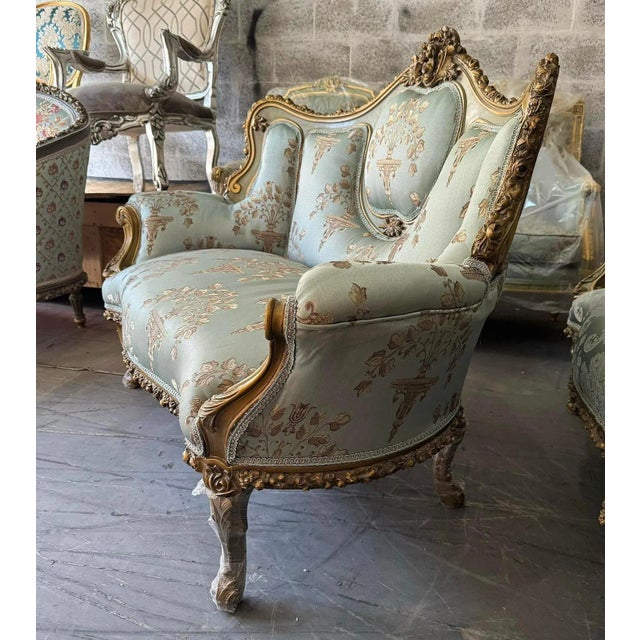 French Rococo Style Light Blue Sofa With Gold Details | Chairish