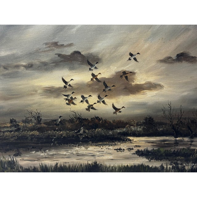 Mid Century Oil Painting Canadian Ducks Pintails Flushed Out Duck Duck ...