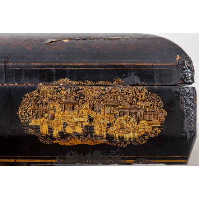 Vintage Dark Wooden Lacquer Box With Gold Color Detail | Chairish
