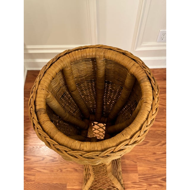 Vintage Coastal Large Rattan & Wicker Plant Stand | Chairish