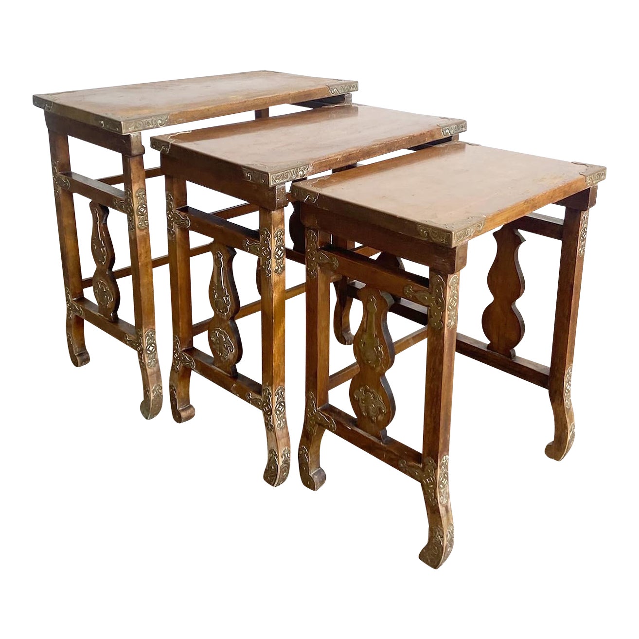 Japanese Wooden Nesting Tables With Brass Accents - Set of 3 | Chairish