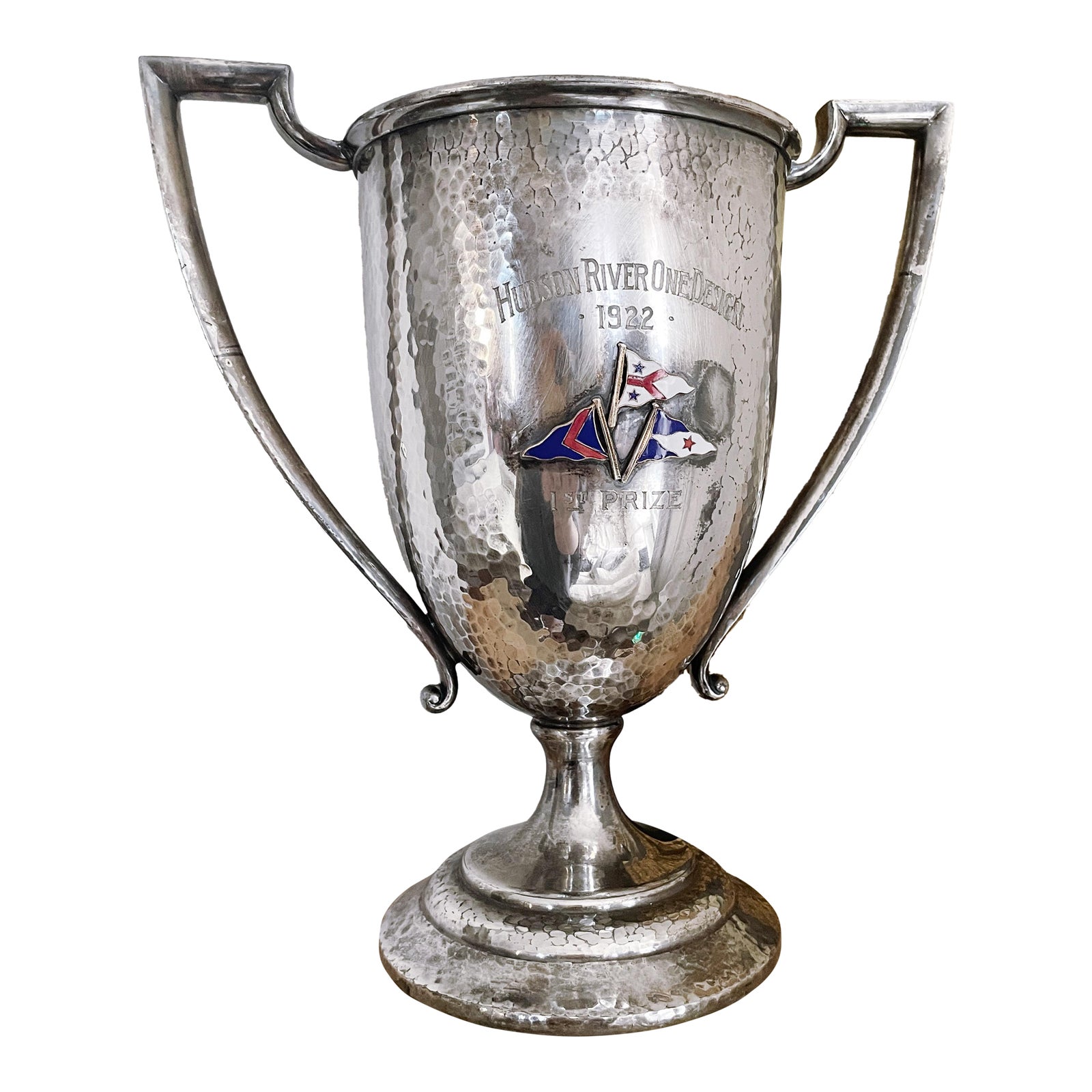 1922 Silver Plated Hudson River Yacht Trophy With Enamel Burgees | Chairish